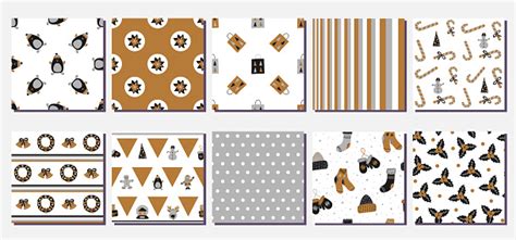 10 매끄러운 크리스마스 벡터 패턴의 세트 귀여운 휴일 문자 겨울과 새해의 상징 꽃 요소 줄무늬 물방울 무늬 삼각형 테두리와 재미있는 배경을 포함한다 스칸디나비아 문화에