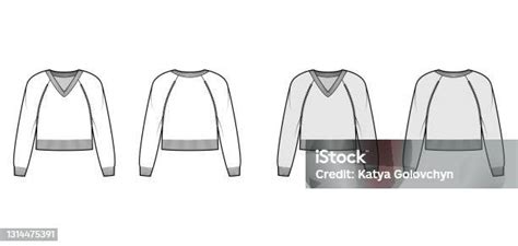 V넥 스웨터 크롭 테크니컬 패션 일러스트와 롱 라글란 슬리브 릴렉스 핏 허리 길이 니트 리브 트리밍 0명에 대한 스톡 벡터 아트