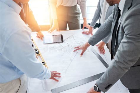 Architecture Blueprint Teamwork Hands And Workshop Meeting Office Planning Or Industrial
