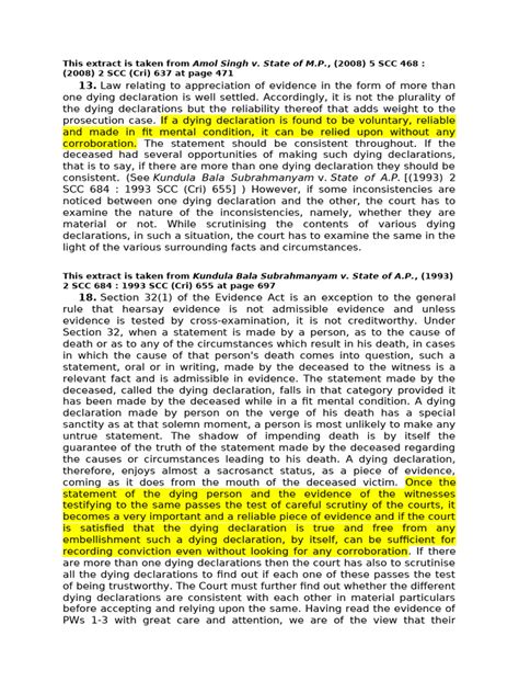 Dying Declaration Coroboration Pdf Witness Evidence
