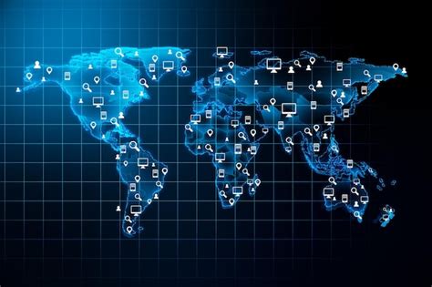 추상적 인 어두운 배경에서 소셜 미디어 아이콘이있는 세계의 디지털 대륙과 소셜 네트워크 기술 개념 프리미엄 사진