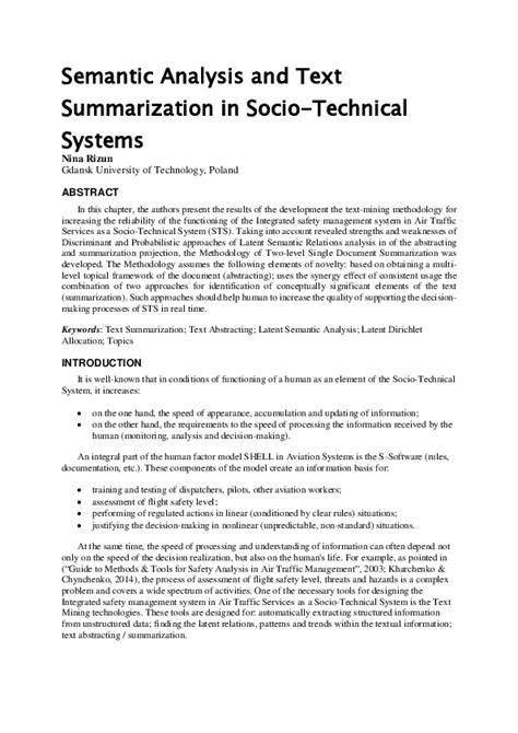 Pdf Semantic Analysis And Text Summarization In Socio Technical Systems