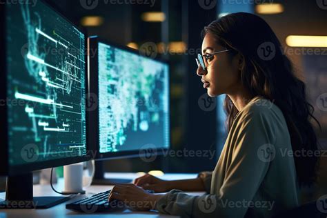 Young Female Artificial Intelligence Engineer Working On Computer In A
