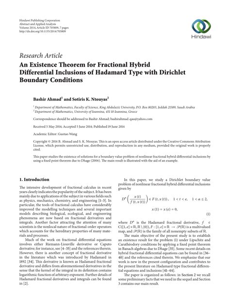 Pdf An Existence Theorem For Fractional Hybrid Differential Inclusions Of Hadamard Type With
