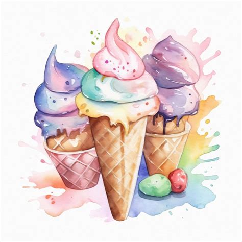 Premium Ai Image Beautiful Ice Cream Pastel Colors Flowers Watercolor