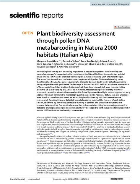 Pdf Plant Biodiversity Assessment Through Pollen Dna Metabarcoding In Natura 2000 Habitats