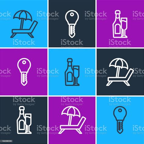세트 라인 선 베드 우산 샴페인 병 유리 및 호텔 도어 잠금 키 아이콘 벡터 고풍스런에 대한 스톡 벡터 아트 및 기타 이미지 고풍스런 관광 리조트 등고선 Istock