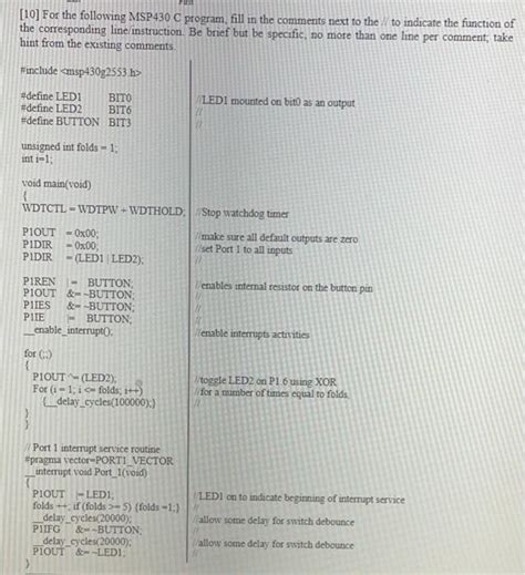 Solved 10 For The Following Msp430 C Program Fill In The