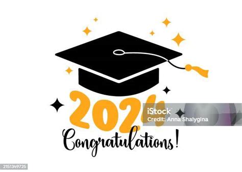 졸업 2024 인사말 카드 축하 문자 벡터 평면 그림입니다 흰색 바탕에 검은 색 사각형 학업 모자와 황금색 2024 숫자 각모
