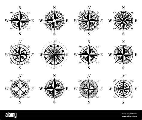 Compass Old Icons Vintage Nautical Wind Roses And Navigation Instrument Cartography Retro