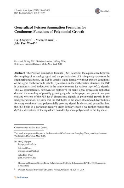 PDF Generalized Poisson Summation Formulas For BigJFourierAnalAppl