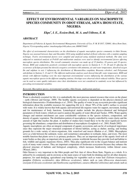 Pdf Effect Of Environmental Variables On Macrophyte Species Community