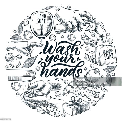 손 서예 문자를 씻어 인간의 손 탭 비누의 벡터 스케치 그림 위생위생 개념 개념에 대한 스톡 벡터 아트 및 기타 이미지 개념 개체 그룹 건강관리와 의술 Istock