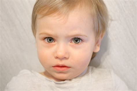 카메라를 열심히 바라보는 어린 소녀 그녀의 시선은 호기심이 많습니다 눈을 크게 뜨고 쳐다보는 표정 밝은 배경에 아기 아이의 얼굴을 닫습니다 아이 감정 표정 1 세 이빨에