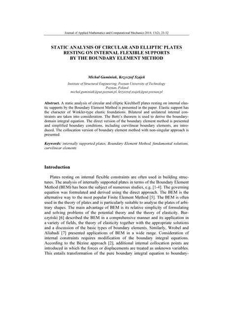 Pdf Static Analysis Of Circular And Elliptic Plates Resting On Internal Flexible Supports By