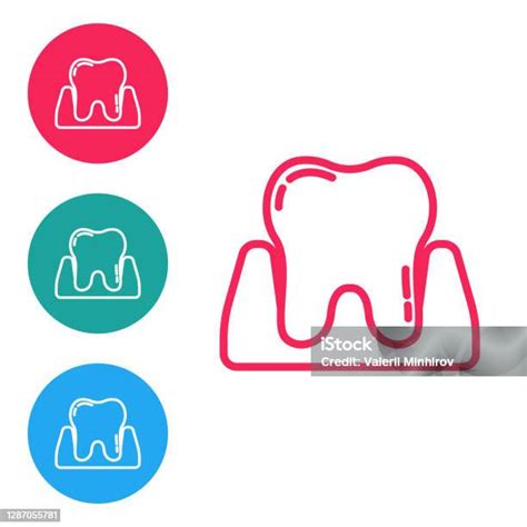 흰색 배경에 격리 된 빨간색 선 치아 아이콘 치과 진료소 또는 치과 의사 의료 센터 및 치약 패키지를위한 치아 기호 원 버튼에 아이콘을 설정합니다 벡터 개념에 대한 스톡