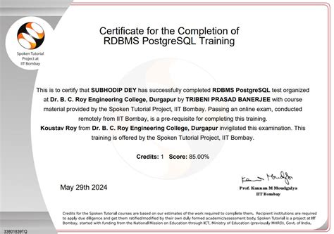 Subhodip Dey On Linkedin Rdbms Postgresql Training Completion Certificate At Dr Bc Roy