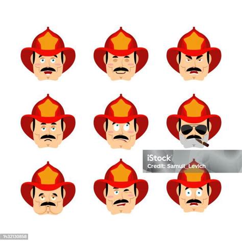 소방관은 이모티콘 아바타를 설정합니다 슬프고 화가 난 얼굴 유죄와 수면 소방관이 잠자는 감정 얼굴 감정에 대한 스톡 벡터 아트 및 기타 이미지 Istock