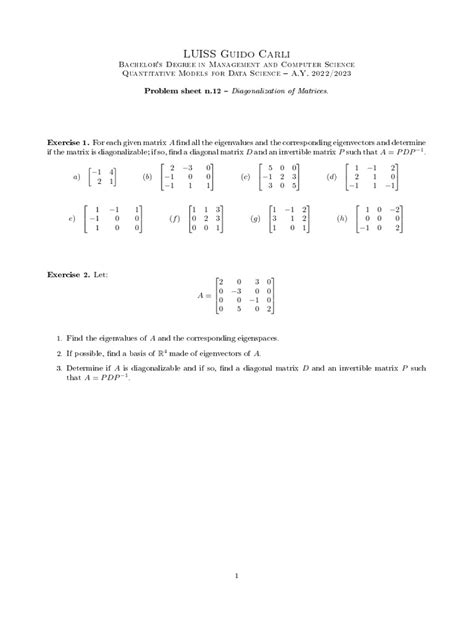 Matrix Diagonalization Exercises Pdf Eigenvalues And Eigenvectors