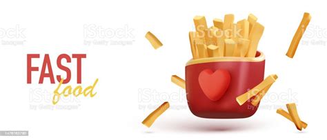 사랑 패키지에 3d 현실적인 감자 튀김이 있는 패스트 푸드 배너 벡터 그림 0명에 대한 스톡 벡터 아트 및 기타 이미지 0명 3차원 형태 갈색 Istock