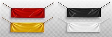 투명한 배경에 격리된 로프에 매달려 있는 현실적인 직물 배너 세트 텍스트에 대한 노란색 빨간색 검정색 흰색 빈 배경의 수평 포스터 모형의 벡터 그림 무료 벡터