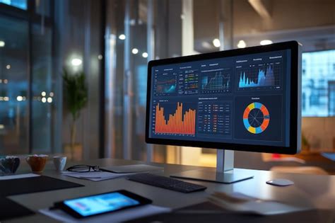 A Modern Office Desk With A Computer Displaying Data Analysis Charts And Graphs Premium Ai