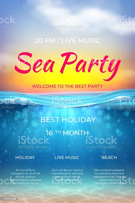 현실적인 여름 포스터입니다 풀 파티 디자인 휴가 해양 이벤트에 대 한 바다 수중 장면 벡터 바다 해변 파티 배너 수영장 스포츠 경기장에 대한 스톡 벡터 아트 및 기타 이미지