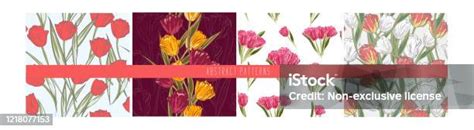 핑크 노란색 튤립 꽃 원활한 패턴의 벡터 세트입니다 잎끝없는 질감으로 손으로 그린 꽃 인사말 카드 템플릿에 대한 밝은 직물 인쇄 컬렉션입니다 글자 안녕하세요 봄 0명에 대한