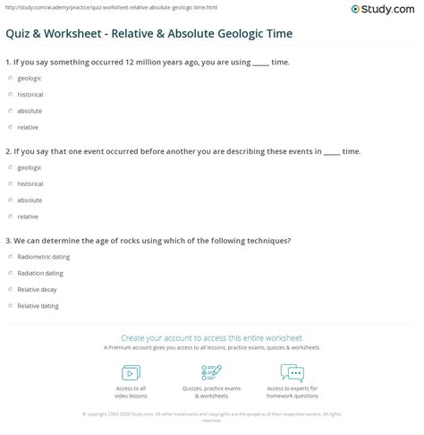 quiz and worksheet relative and absolute geologic time