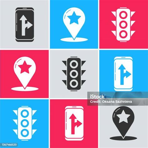 도시지도 탐색 별과 신호등 아이콘이 있는 맵 포인터의 인포그래픽을 설정합니다 벡터 0명에 대한 스톡 벡터 아트 및 기타 이미지