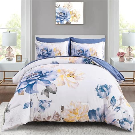 Dinjoy Floral Comforter Set King Size 7 Pieces Bed In A Bag Blue Flower