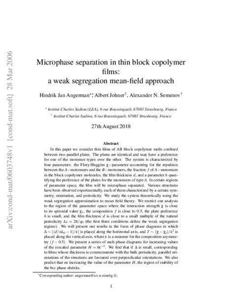 Pdf Microphase Separation In Thin Block Copolymer Films A Weak Segregation Mean Field Approach