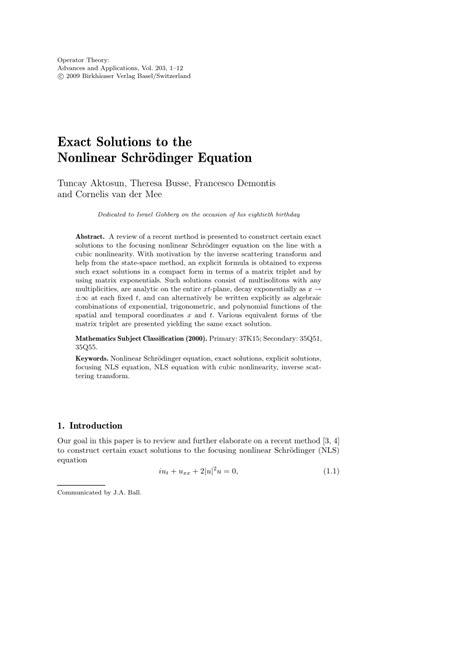 Pdf Exact Solutions To The Nonlinear Schrodinger Equation
