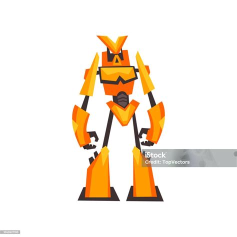 Robot Kuningoranye Cerah Dengan Tangan Cakar Monster Logam Fantasi Desain Vektor Datar