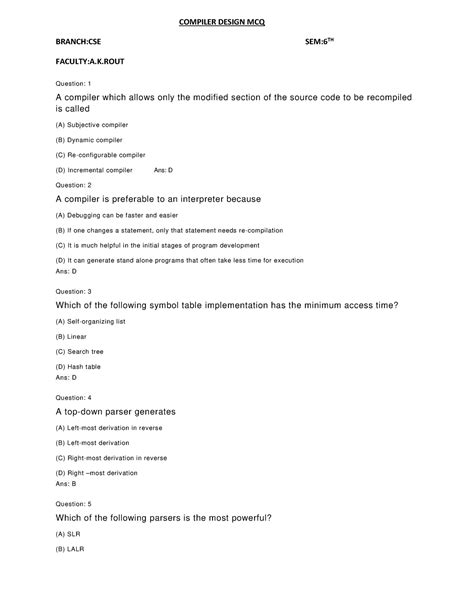 Compiler Mcq Compiler Design Mcq Branchcse Sem6th Facultyak