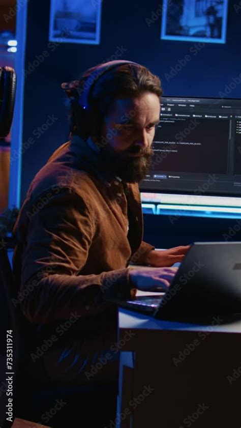 Vidéo Stock Developer Focused On Typing Complex Code In Neon Lit Home Office Listening Music