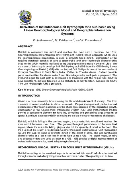Pdf Derivation Of Instantaneous Unit Hydrograph For A Sub Basin Using Linear Geomorphological