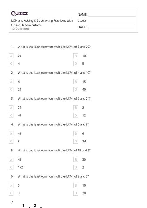 Adding Fractions With Unlike Denominators Worksheets For Th Year On Quizizz Free Printable