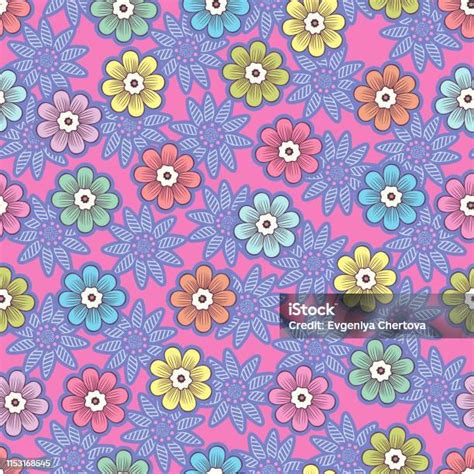 낙서 꽃 완벽 한 패턴 화려한 꽃 배경입니다 분홍색 배경 손으로 그리는 직물 디자인 벽지에 대 한 장식 인쇄에 꽃잎과 여러 가지 빛깔의 밝은 싹 벡터 0명에 대한 스톡 벡터