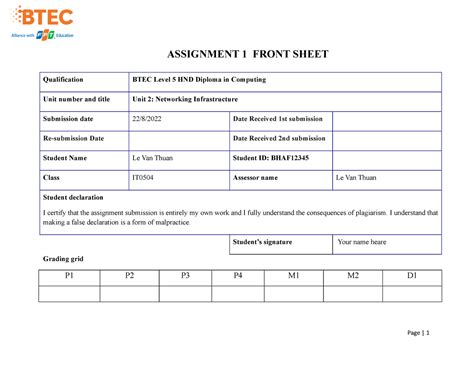 Networking Assignment 1 Fontsheet Assignment 1 Front Sheet Qualification Btec Level 5 Hnd