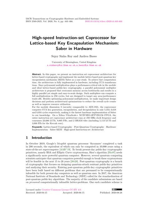 Pdf High Speed Instruction Set Coprocessor For Lattice Based Key