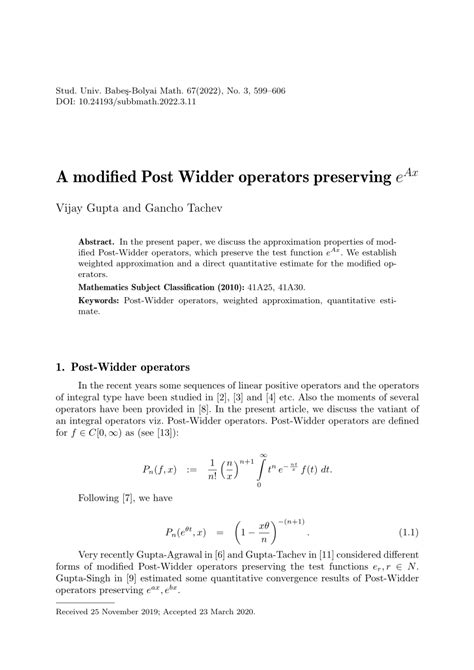 Pdf A Modified Post Widder Operators Preserving E Ax