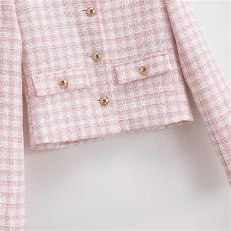 Badu Bg Дамско яке Есенно реколта Блейзъри от туид Палта Модни едноредни розови карирани костюми