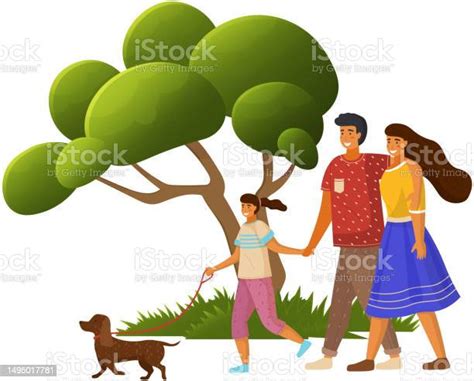 행복한 가족 엄마 아빠 딸은 여름 도시 공원에서 개와 함께 산책하며 시간을 보낸다 가족에 대한 스톡 벡터 아트 및 기타 이미지 가족 개 개념 Istock