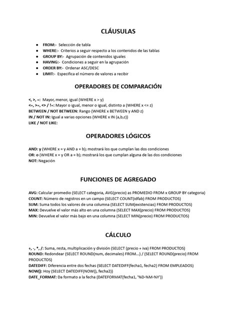 Apuntes Examen Sql Pdf Datos Programación De Computadoras