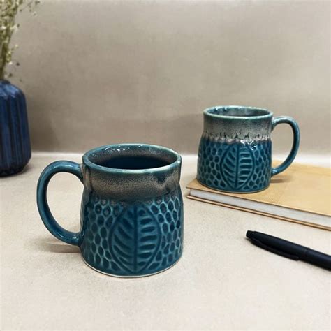 Teal Green Leaf Embossed Ceramic Mug Set At Best Price In Gautam Buddha