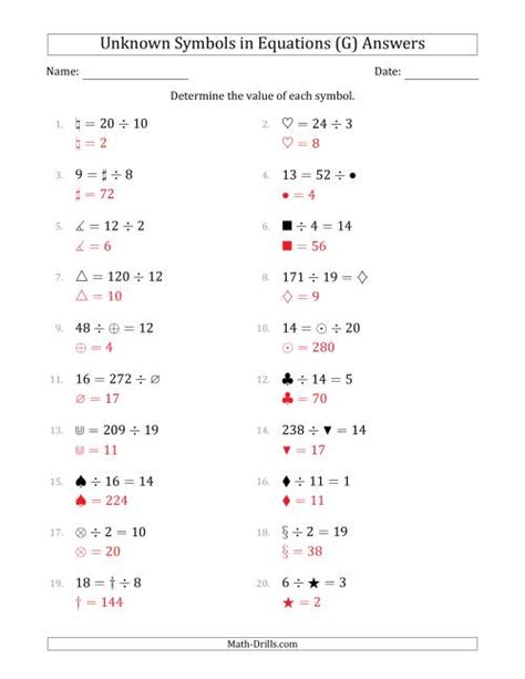 Unknown Symbols In Equations Division Range 1 To 20 Any Position G