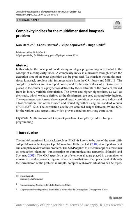 Complexity Indices For The Multidimensional Knapsack Problem Request Pdf