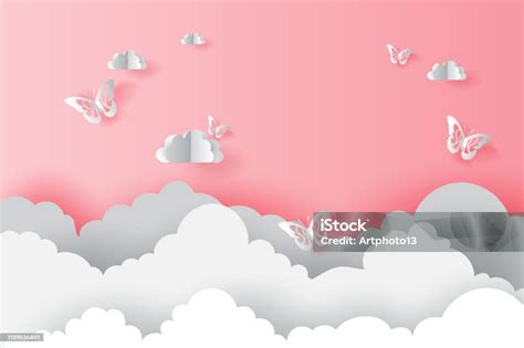 핑크 발렌타인 개념에 나비와 일러스트 종이 아트 구름 하늘을 날고 있는 나비 크리에이 티브 디자인 종이 잘라 공예 스타일 종이