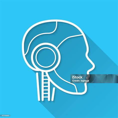 프로필의 로봇 헤드 파란색 배경에 아이콘 긴 그림자가 있는 평면 디자인 로봇에 대한 스톡 벡터 아트 및 기타 이미지 로봇